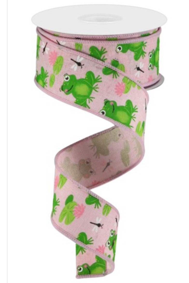 10 Yards - 1.5” Wired Pink Background Spring Frog Ribbon ...