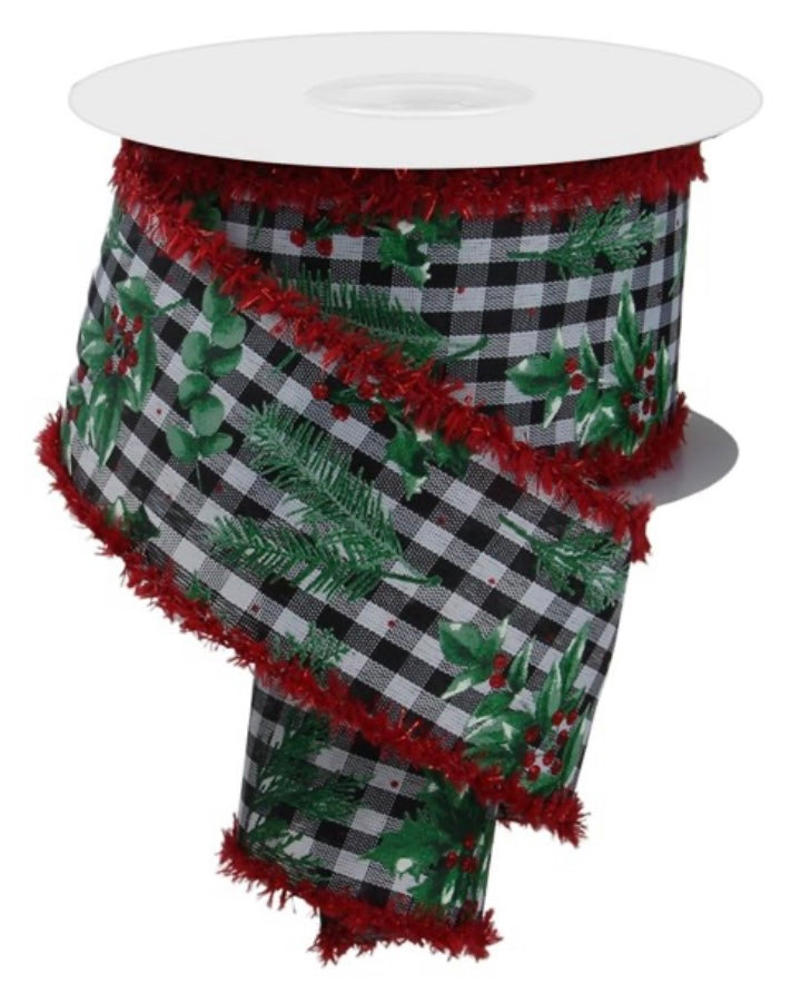 10 Yards - 2.5” Wired Winter Foliage and Red Tinsel Edge Ribbon ...