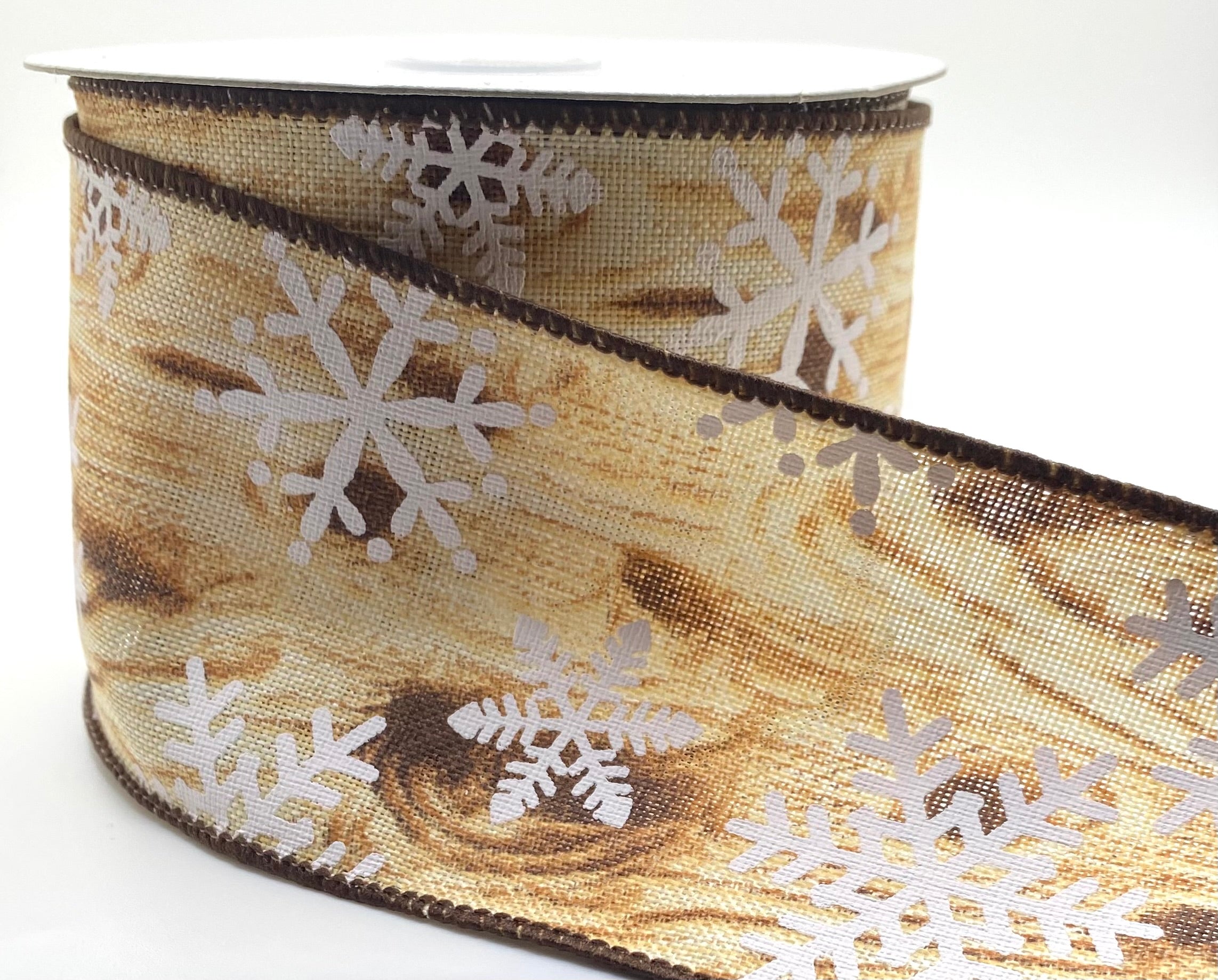 10 Yards - 2.5” Wired Tree Bark and White Snowflake Ribbon ...