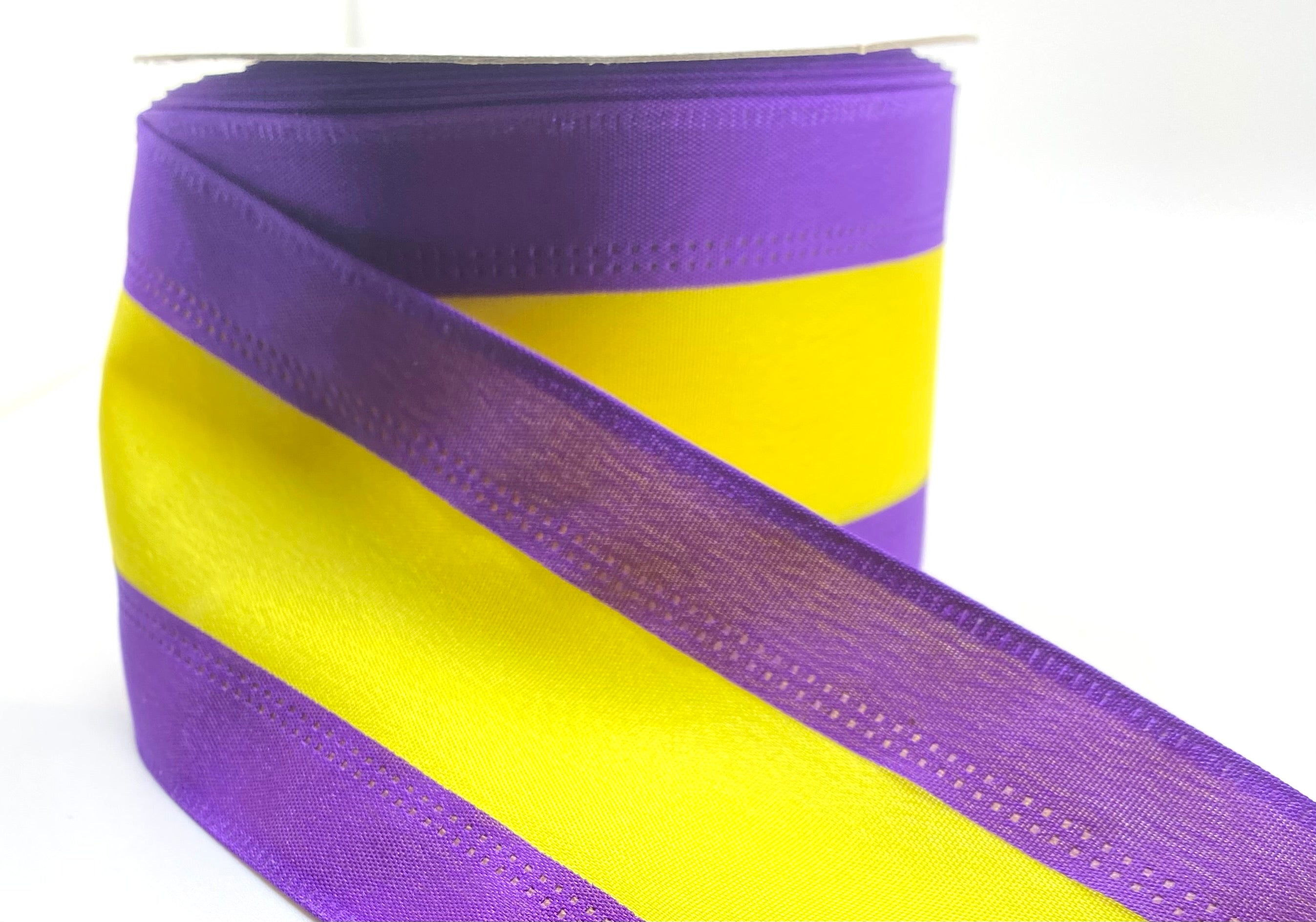 10 Yards - 2.5” Wired Purple and Yellow Stripe Satin Ribbon ...
