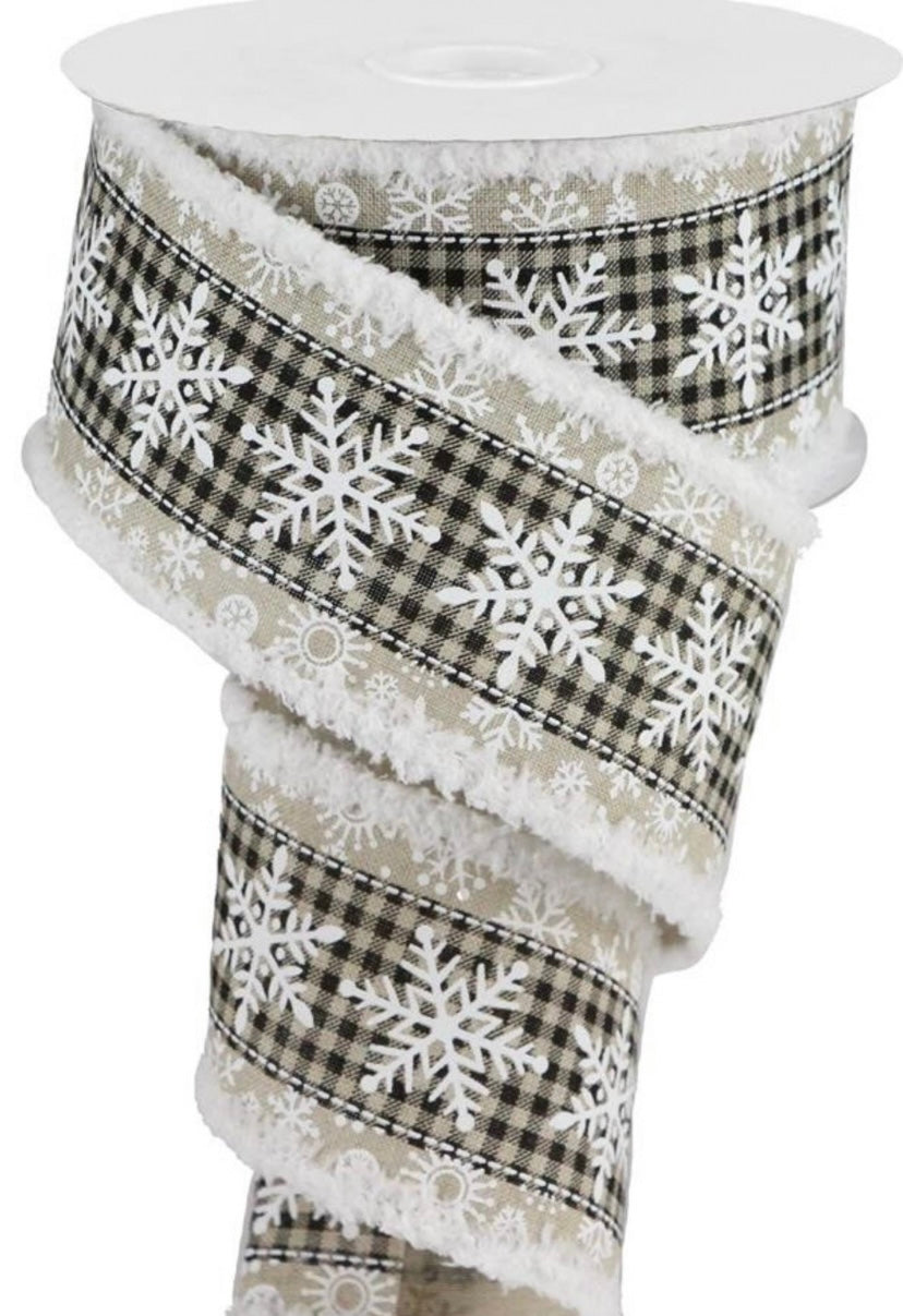 10 Yards - 2.5" Wired Natural and Black Check with Snowflake Drift Edg ...
