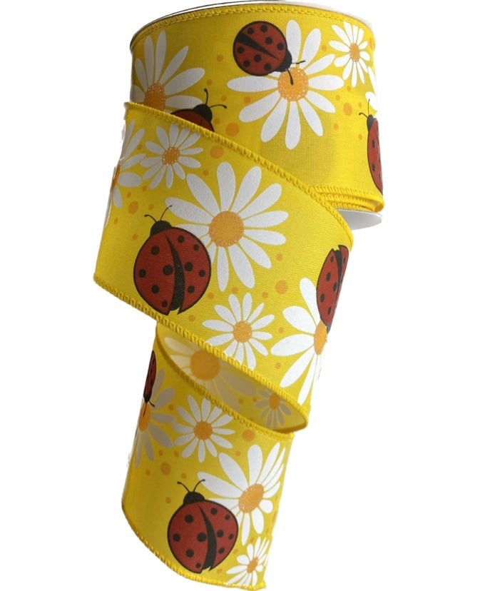 10 Yards - 2.5" Wired Ladybug and Daisy Yellow Background Ribbon ...