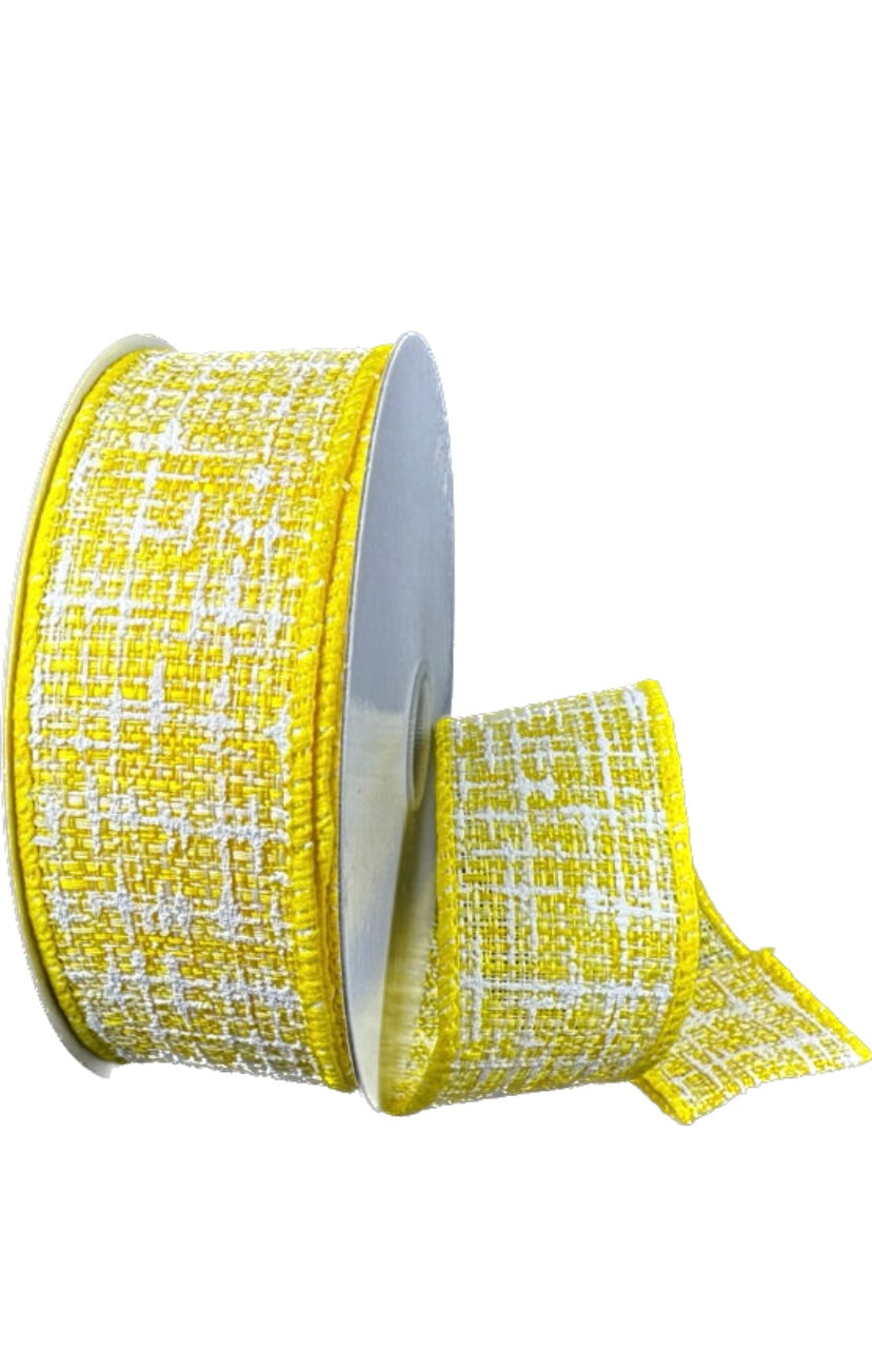 10 Yards - 1.5” Wired Yellow and White Embellished Tweed Ribbon ...