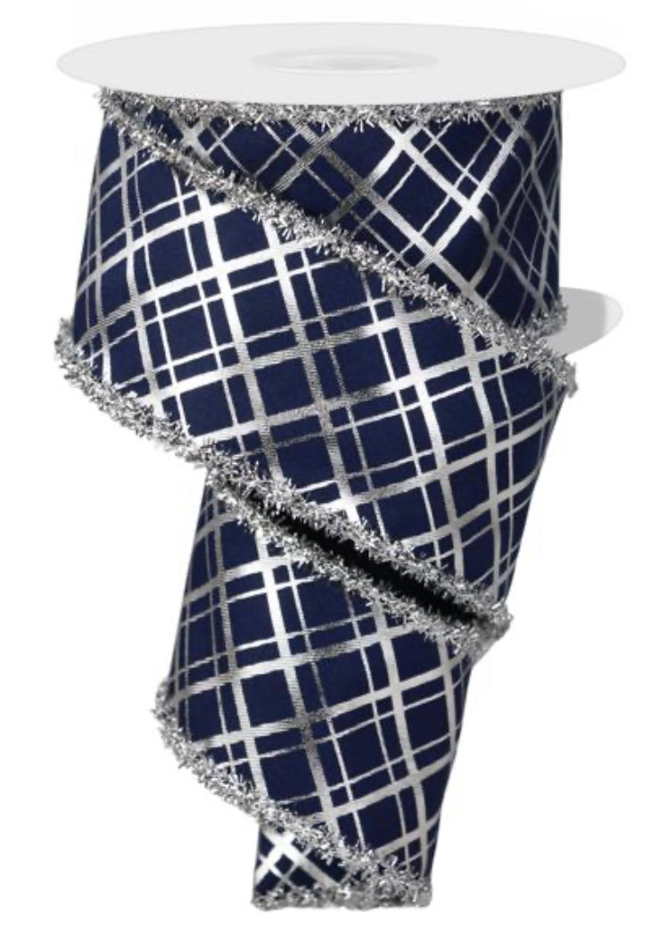 10 Yards - 2.5" Wired Navy Blue with Silver Diagonal Lines Tinsel Edge ...