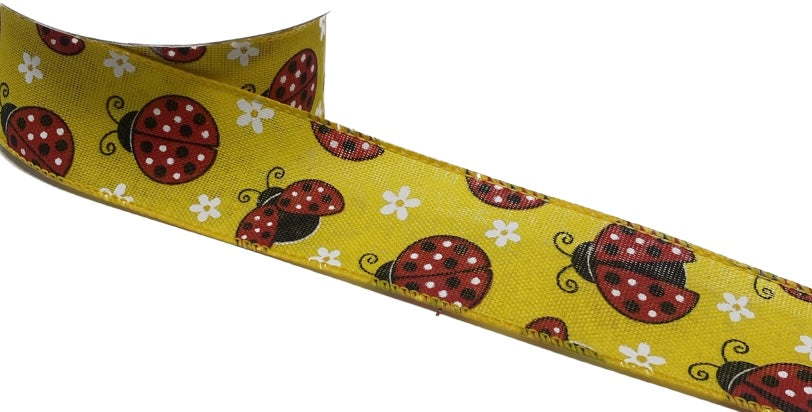 10 Yards - 1.5” Wired Ladybug and Mini Flowers on Yellow Background Ri ...