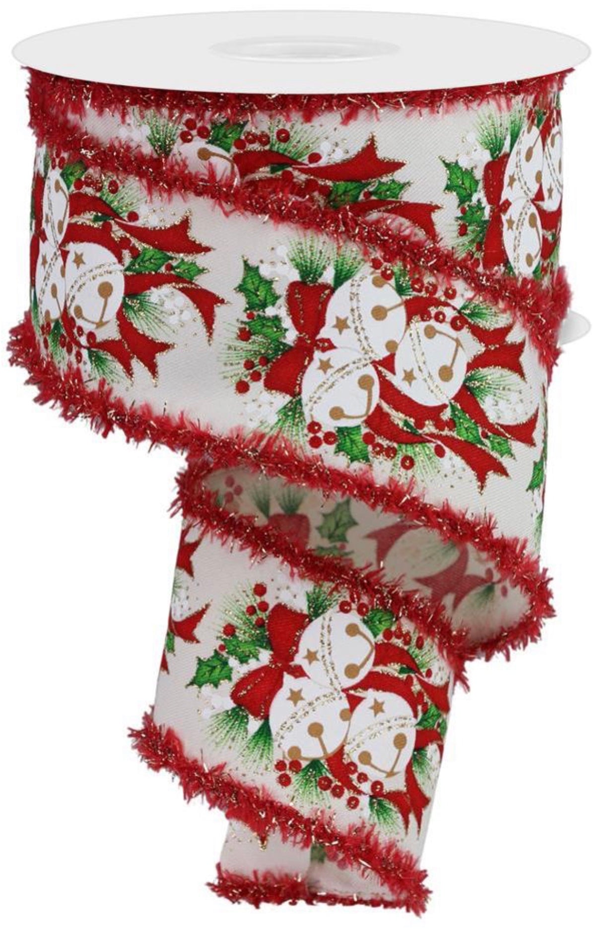 10 Yards - 2.5” Wired Cream Background Jingle Bells Christmas Ribbon w ...