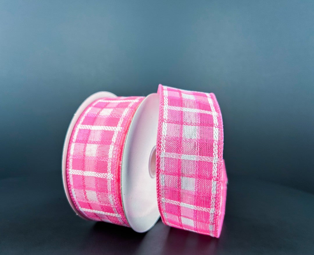 10 Yards - 1.5" Wired Pink and White Check Ribbon – foxwreathsupplies
