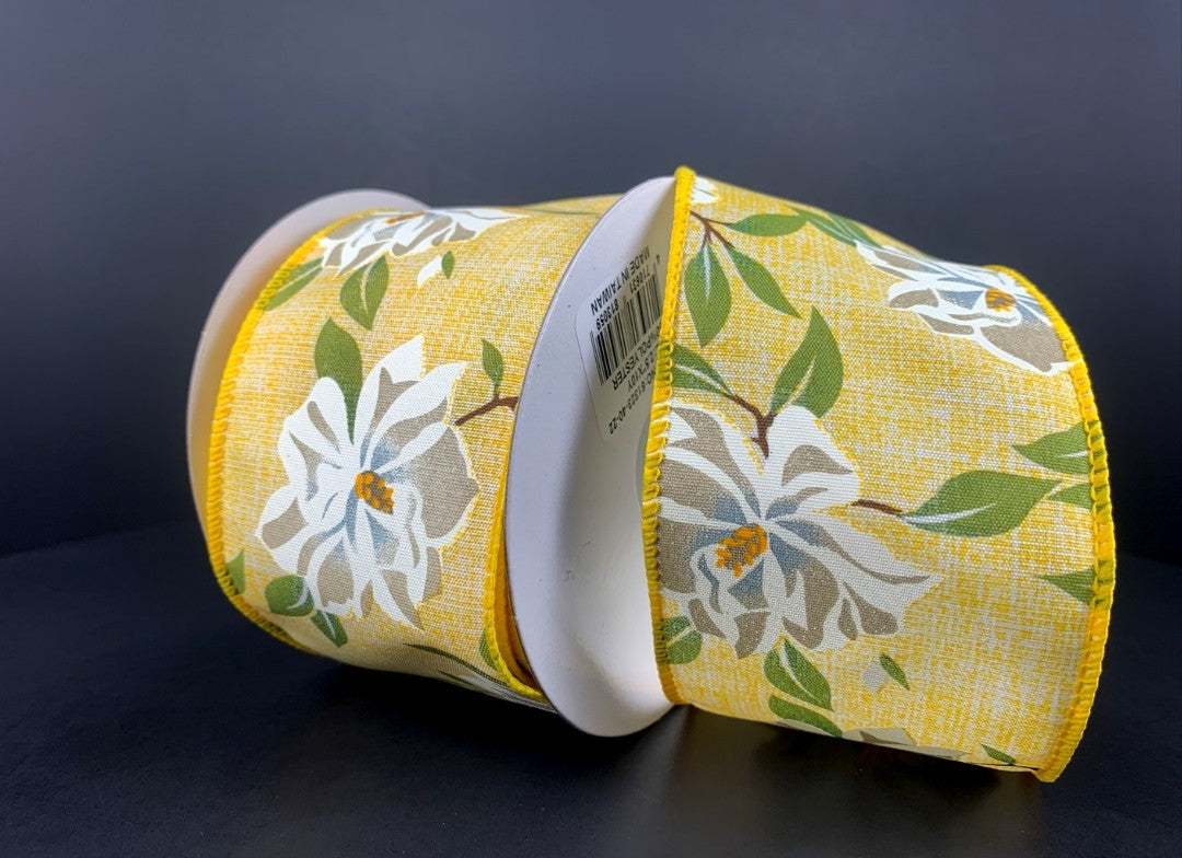 10 Yards - 2.5" Yellow Background Magnolia Ribbon – foxwreathsupplies